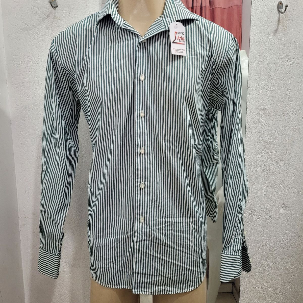 078 - Camisa Roberto Rovere Listrada Verde e Branco - 100% Algodão ...