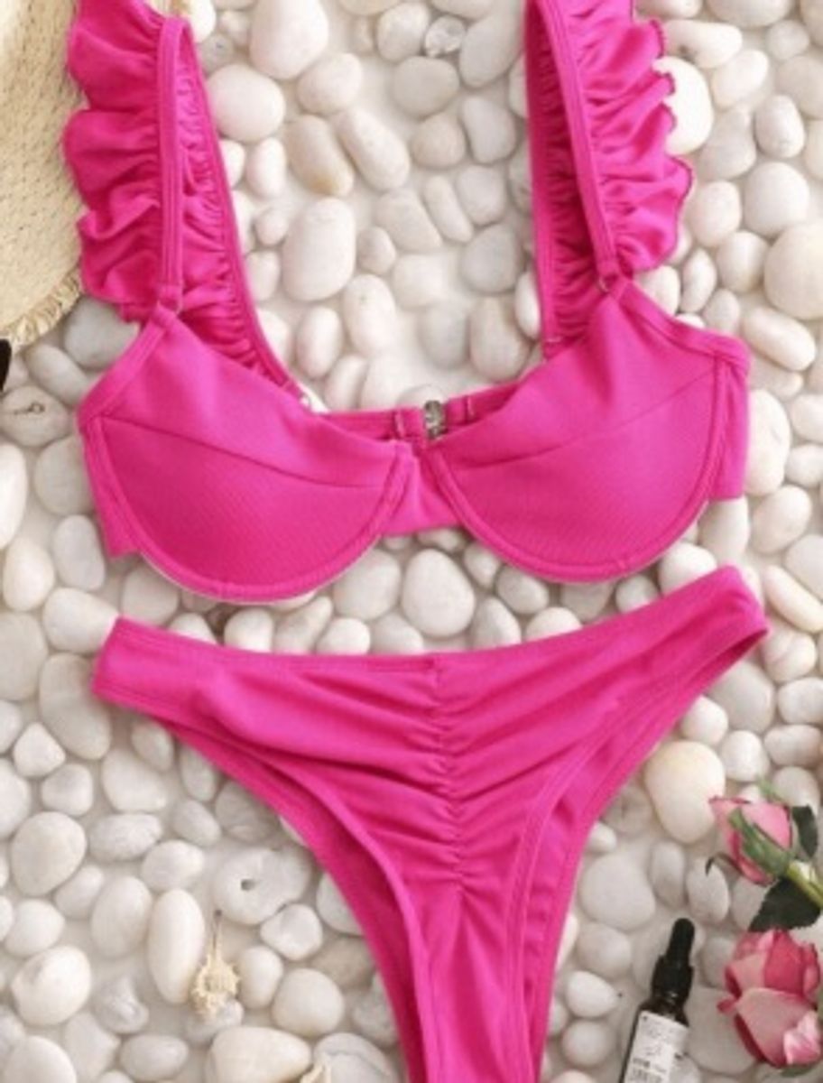 Biquíni Bainha de Ruffles Simples Rosa | Moda Praia Feminina Shein ...