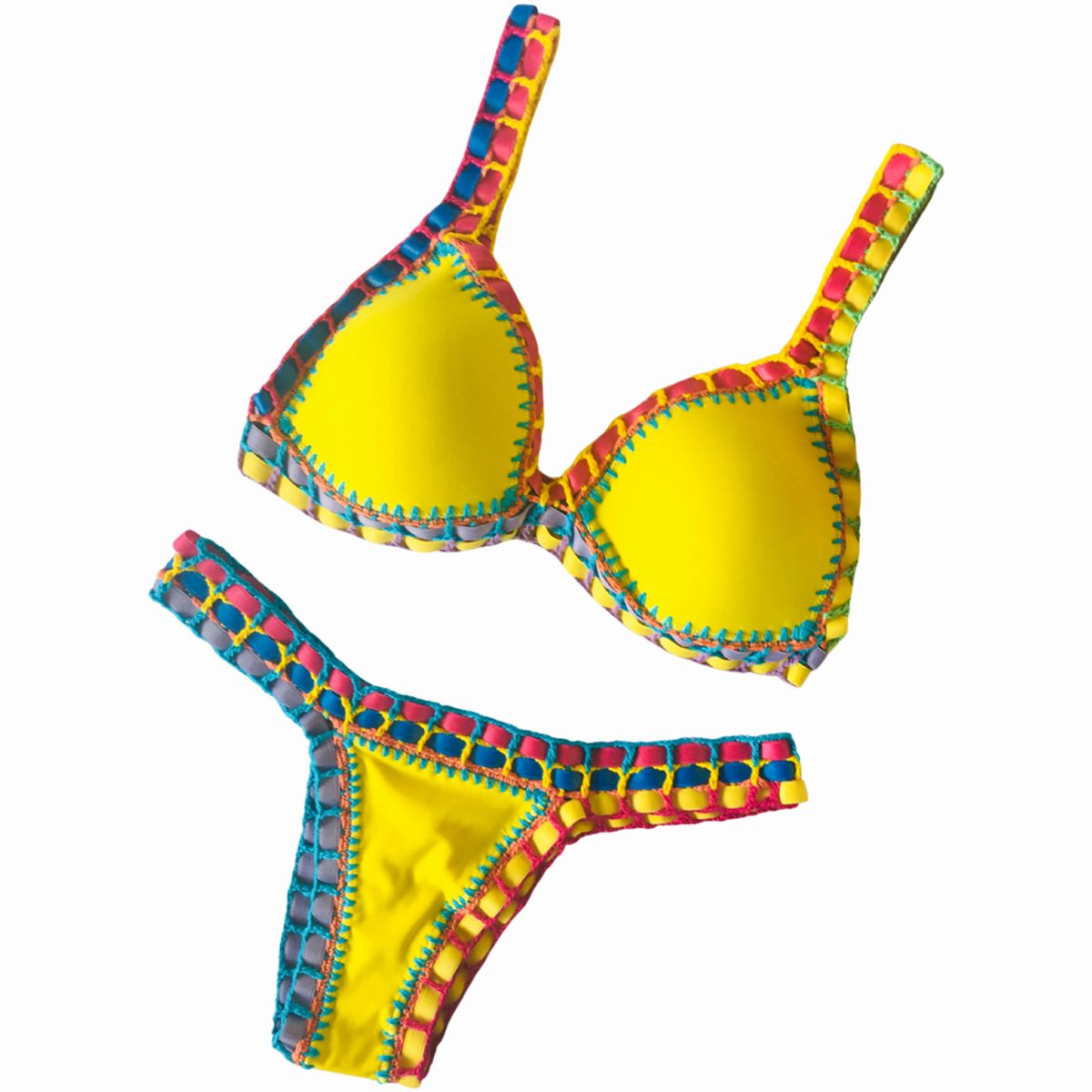 Biquíni de Crochê Amarelo Colorido Crochet Elásticos Tendência Moda ...