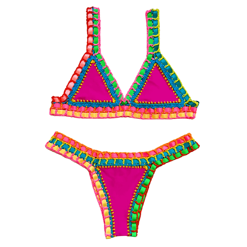 Biquíni de Crochê Rosa Colorido Tendência Moda Praia Verão 2025 G ...