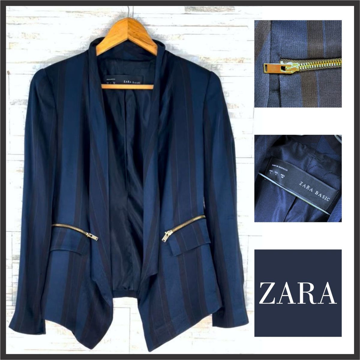 Blazer Zara Azul Marinho E Preto Listras Detalhes Dourados Casaco