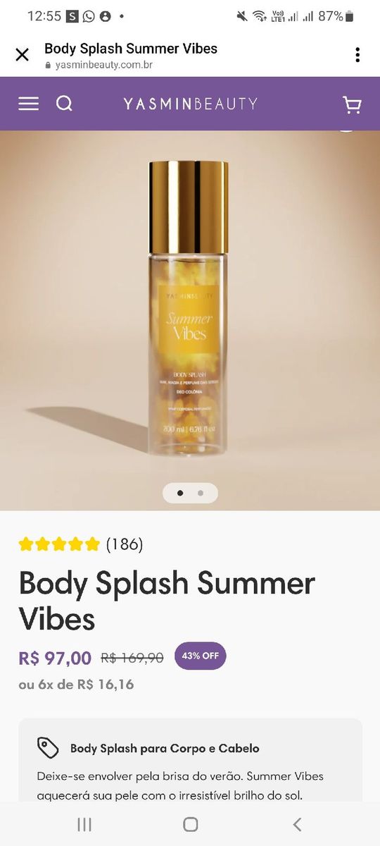 Body Splash Summer Vibes Yasmin Brunet | Perfume Feminino Yasmin Beauty Nunca Usado 104685542 ...