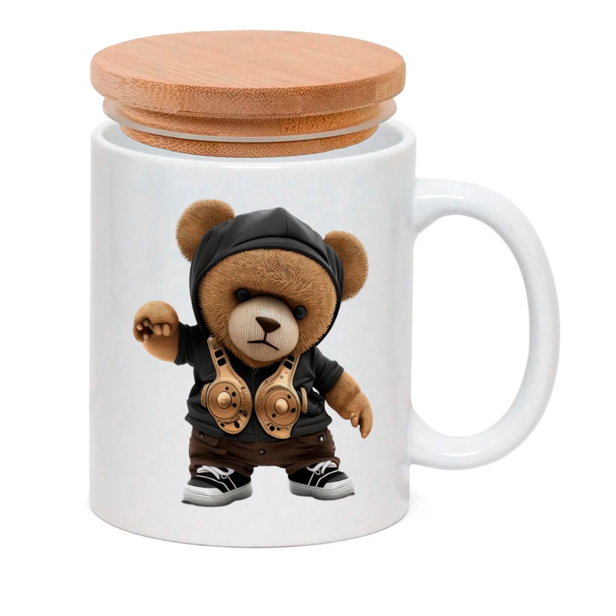 Caneca Porcelana com Tampa Bambu Urso Teddy Fone de Ouvido Lindo ...