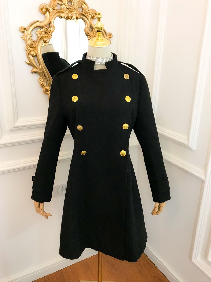 Casaco Caban Preto de Lã com Botões Dourado | Casaco Feminino Importado ...