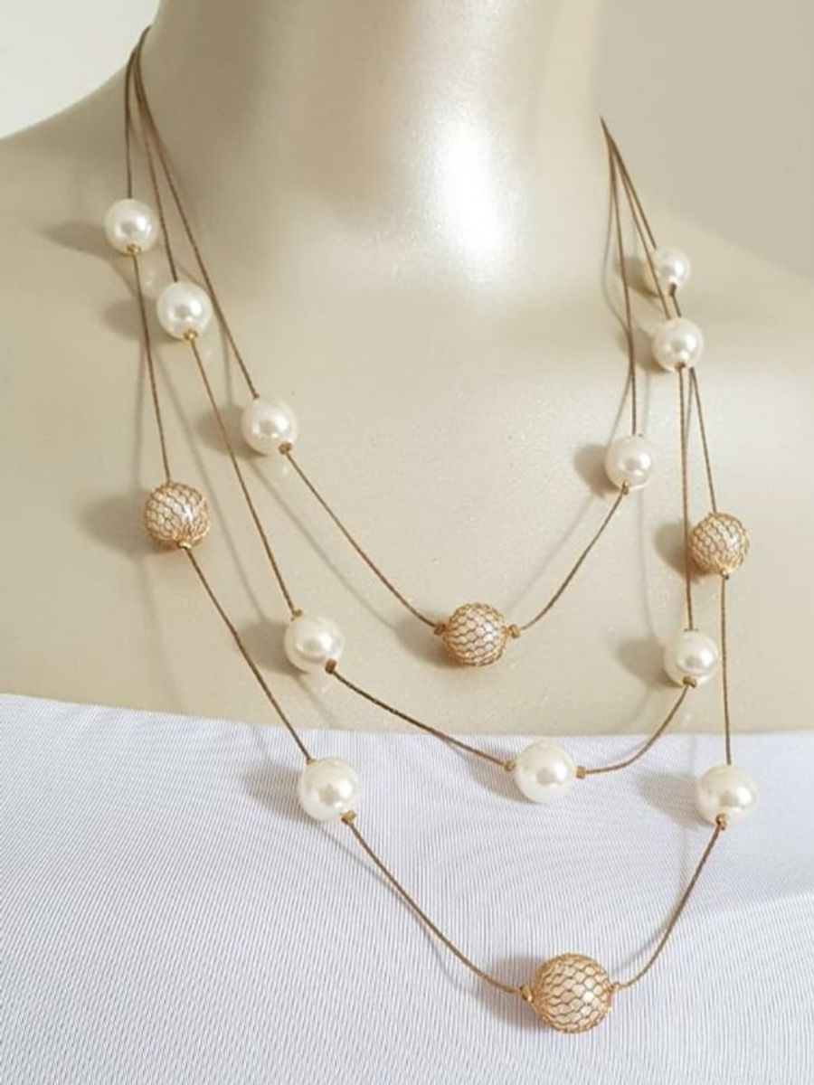 Colar Bolinhas Brancas e Douradas | Bijuteria Feminina Novo 49732653 ...