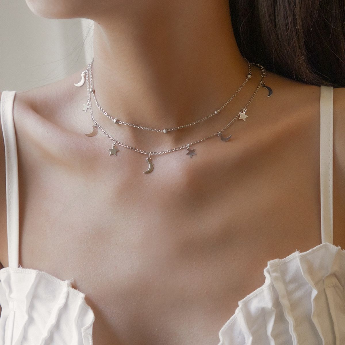 Colar de Duas Camadas Prata Pingentes Luas Estrelas Bolinhas Boho ...