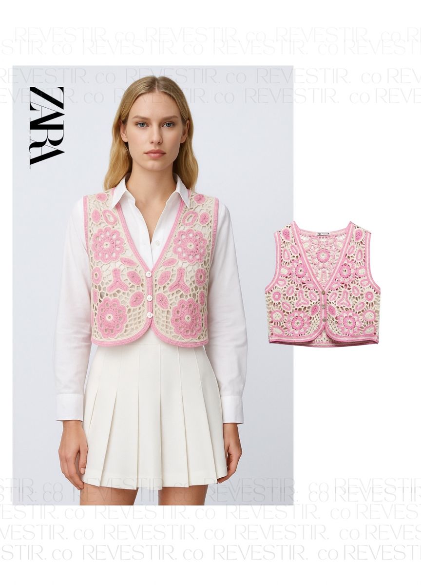 Colete de Crochê Rosa Zara | Colete Feminino Zara Nunca Usado 123760045 ...