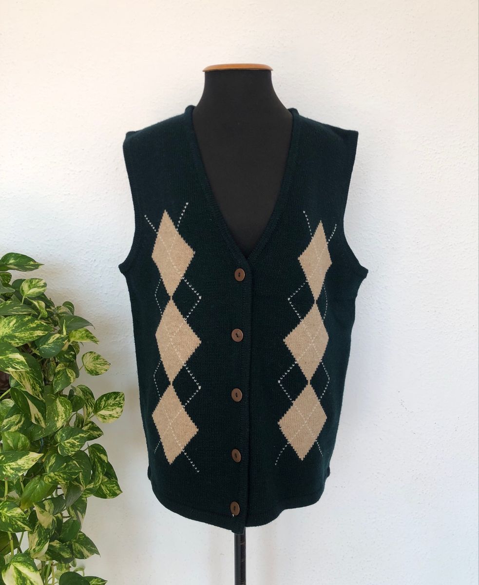 Colete Pullover Tricô Lã Acrílica Verde Xadrez | Colete Feminino Tricô ...