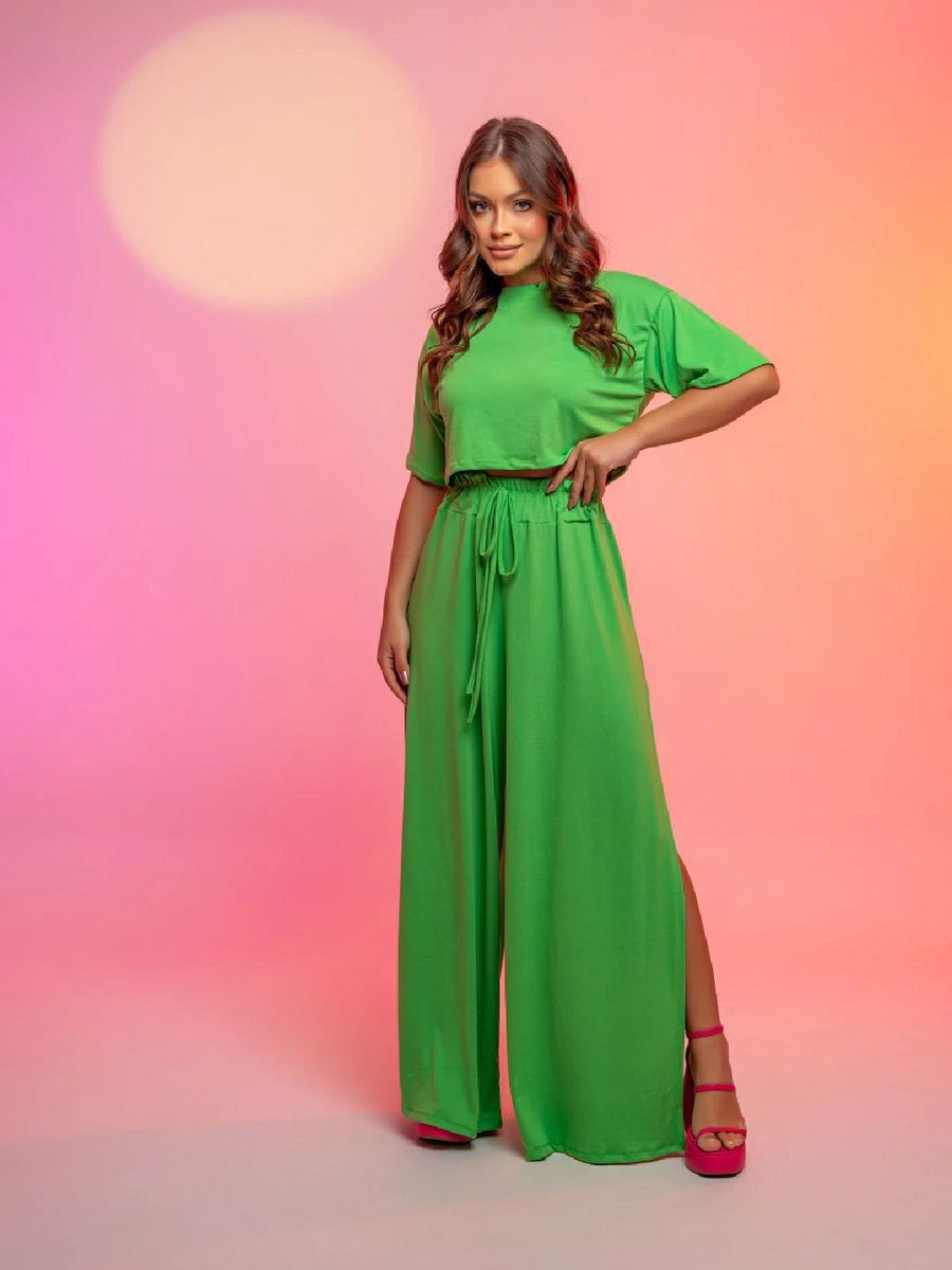 Conjunto de Calça Pantalona + Cropped Verde | Calça Feminina Jade ...