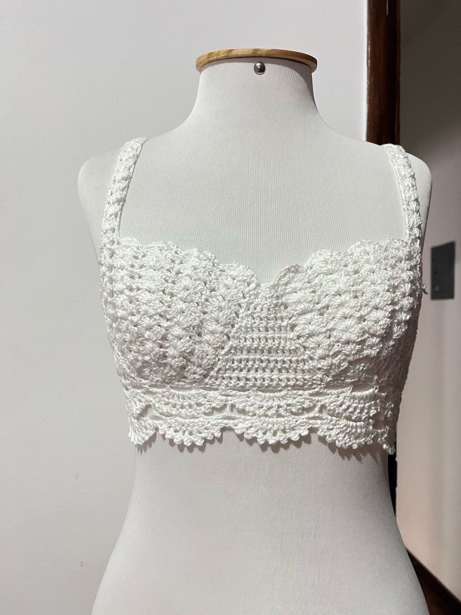 Cropped de Crochê Sereia Branco P | Blusa Feminina 100% Feito A Mão ...