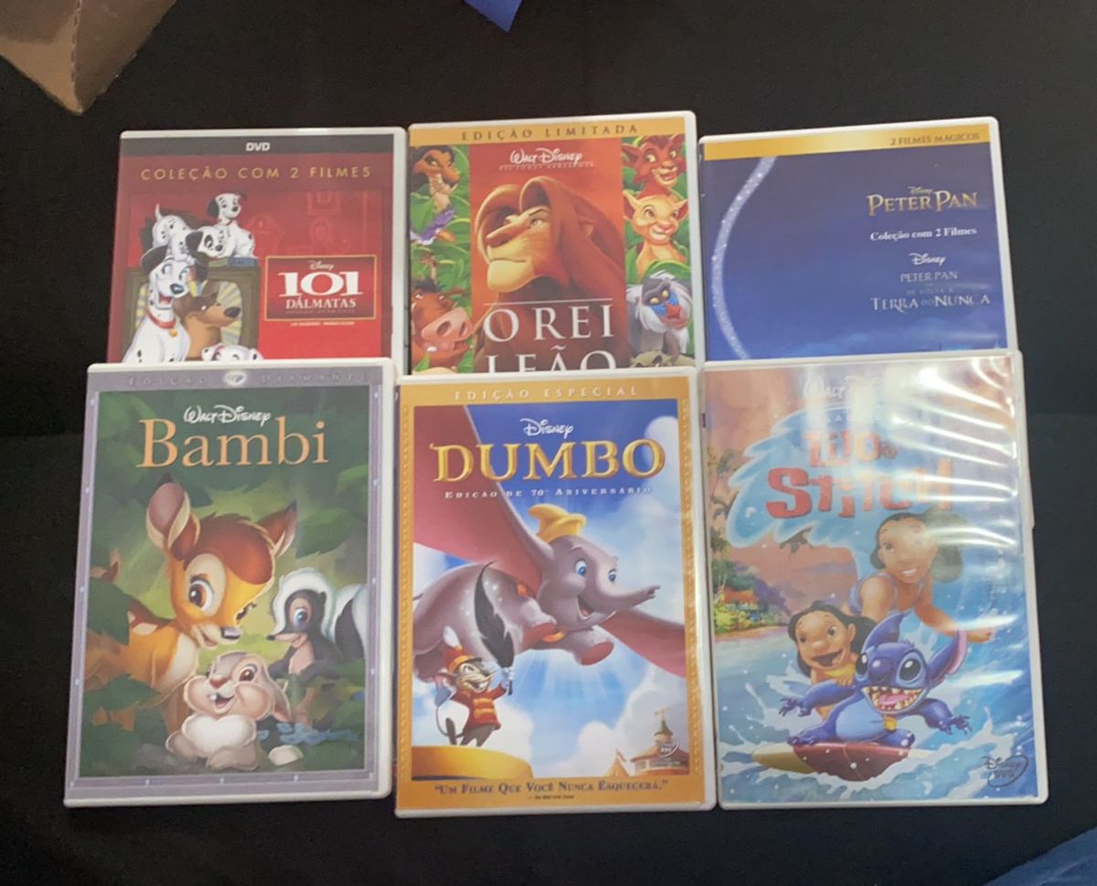 Dvd 6 Filmes Disney( Dumbo, O Rei Leão, Lillo e Stich, Bambi, Peter Pan ...