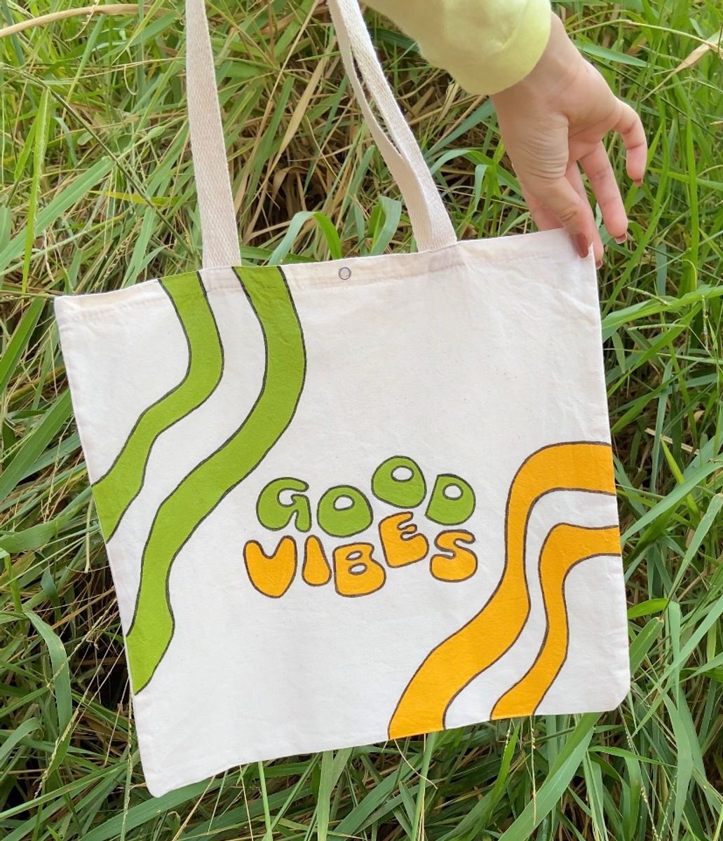 Ecobag Good Vibes Lines Algodão Cru Personalizada Ecológica Pintada À Mão Bolsa Sacola ...