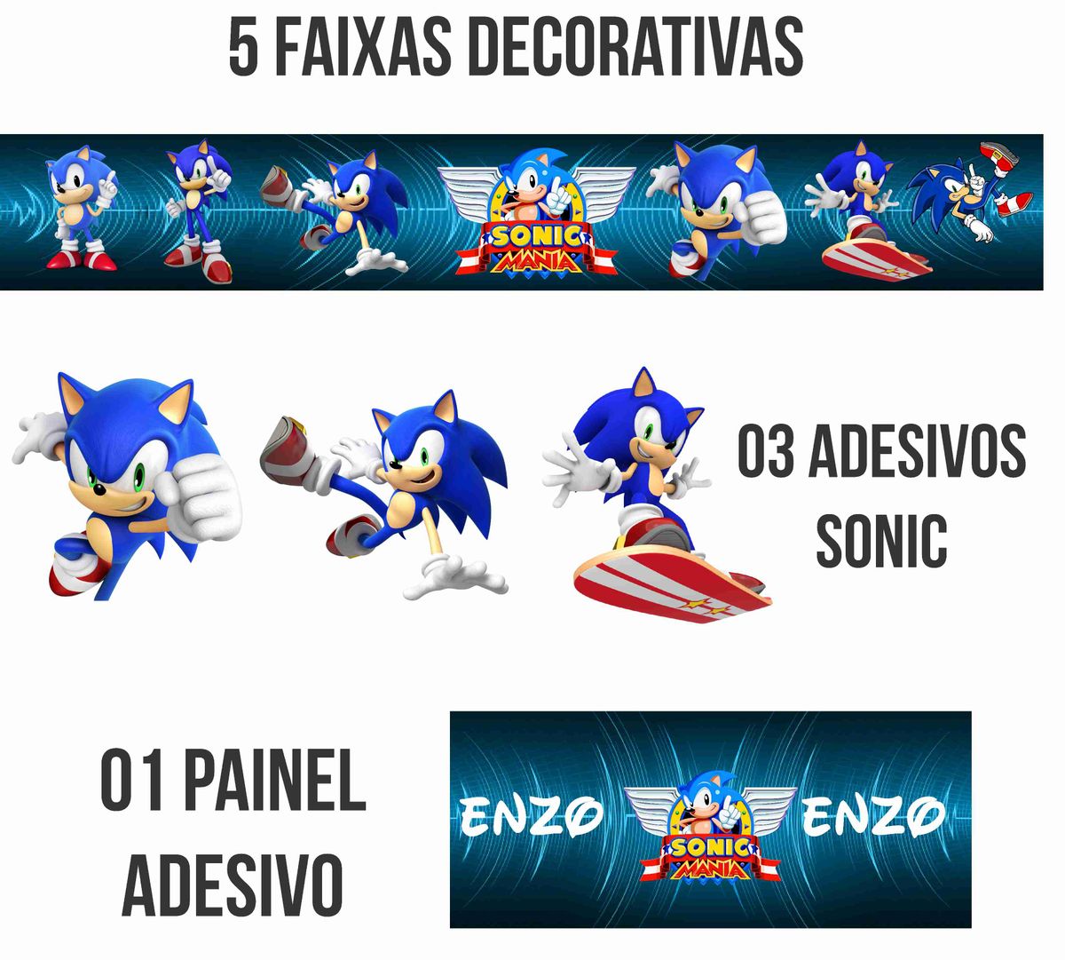 Faixa Decorativa Border + Painel Personalizado com Nome + Adesivo Sonic ...