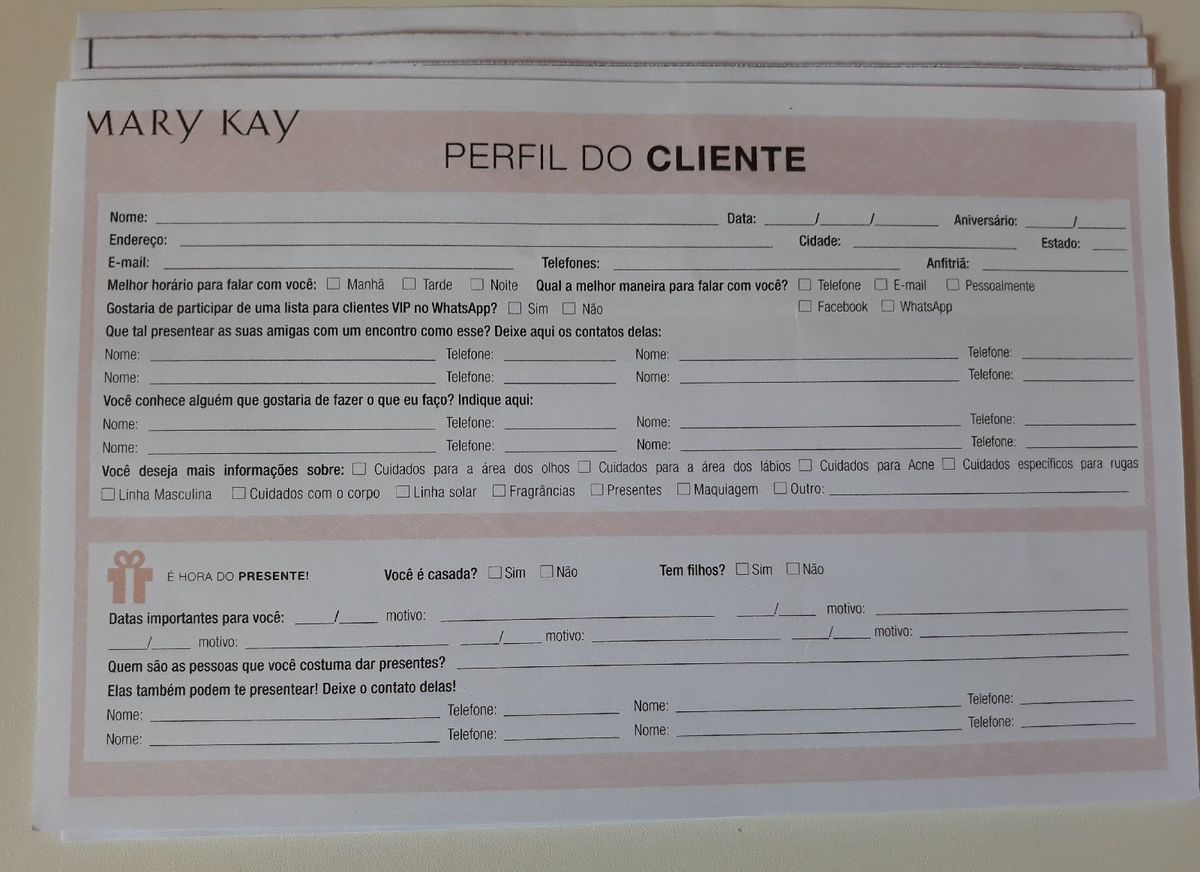 Formulários Perfil do Cliente e Pedidos e Acompanhamento Mary Kay ...
