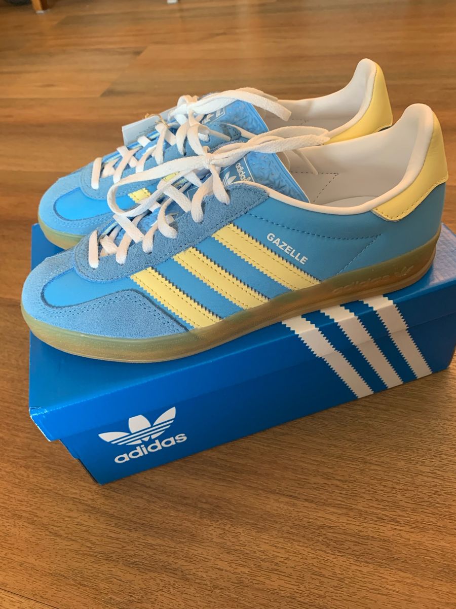 Gazelle Indoor Azul e Amarelo Adidas | Tênis Feminino Adidas Nunca ...