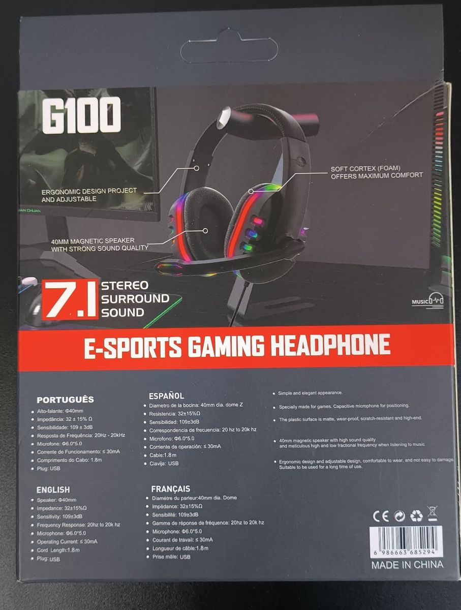 Headset Gamer Profissional G100 | Item de Música E Sport Nunca Usado ...