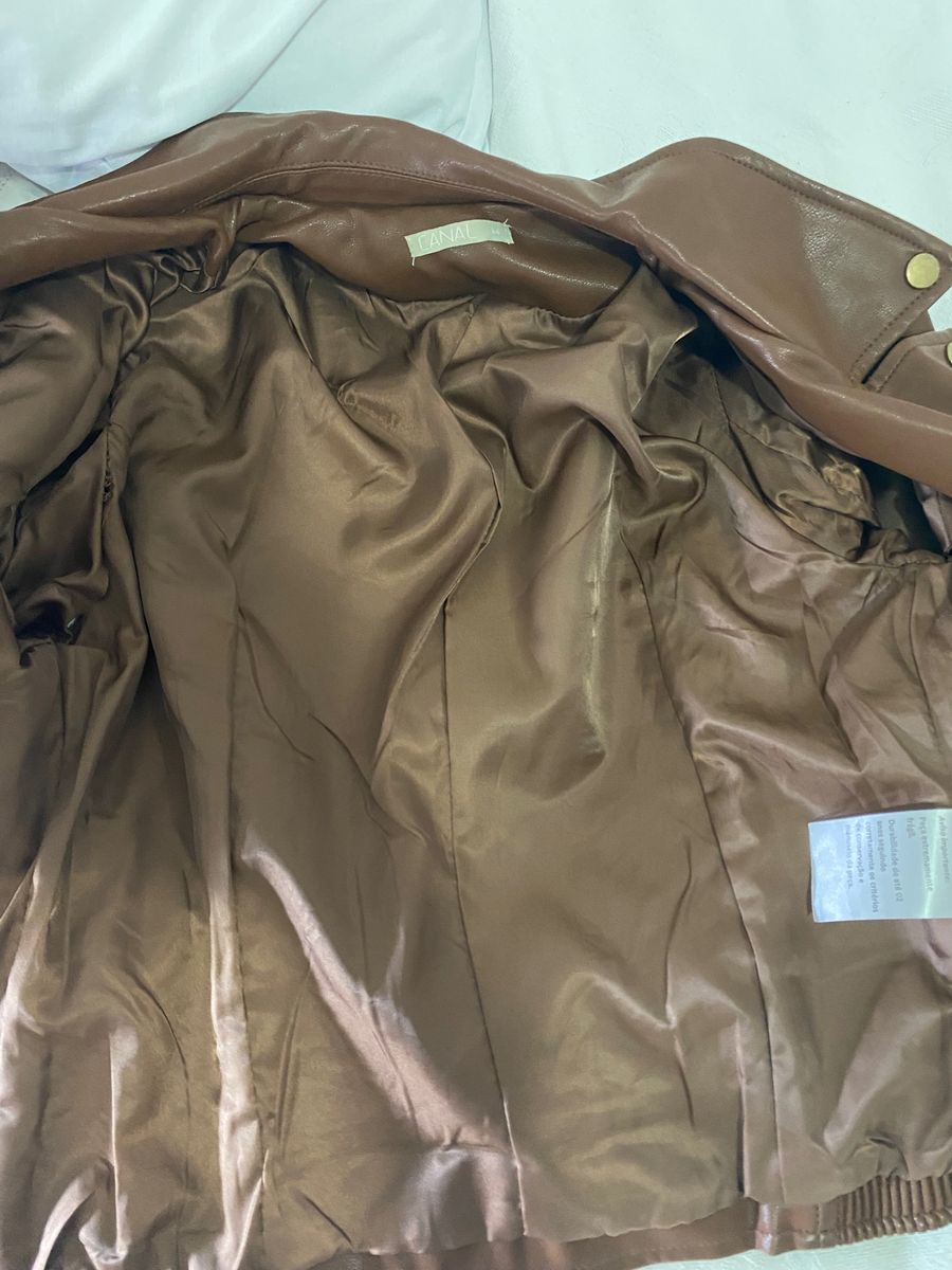 Jaqueta Canal Marrom Couro Ecológico | Casaco Feminino Canal Usado ...