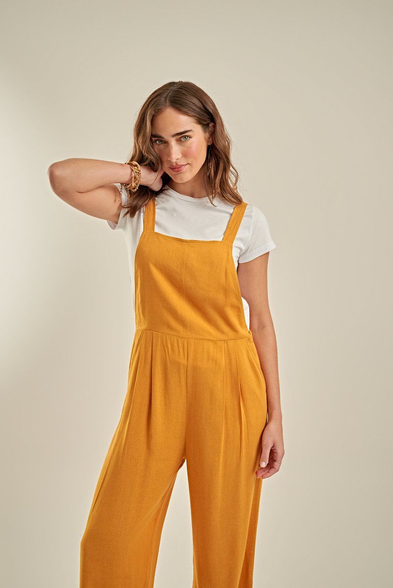 Jardineira Linho Longa Pantalona Amarela Frente Única | Macacão ...