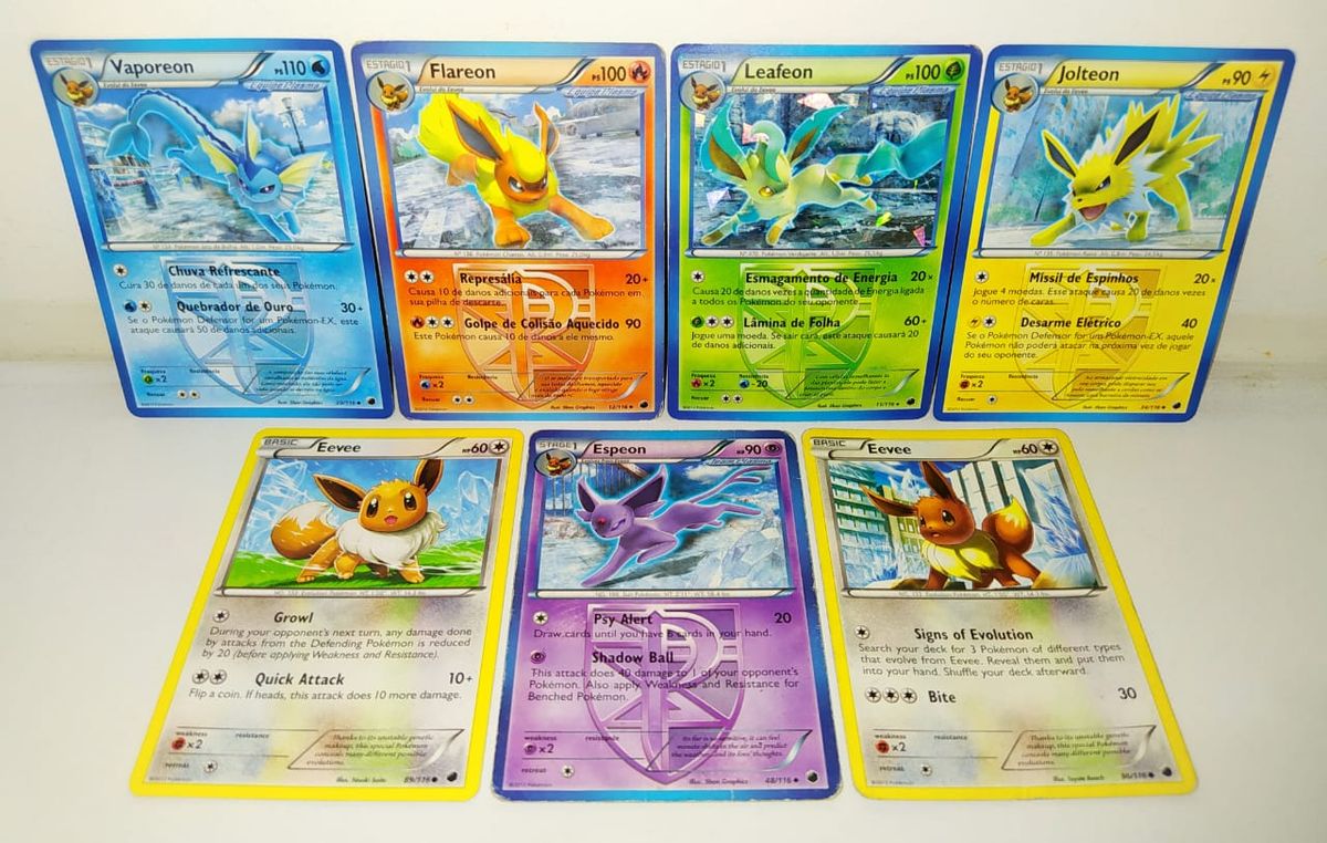 Kit 7 Cards Pokémon Eevee, Flareon, Vaporeon, Jolteon, Espeon e Leafeon ...