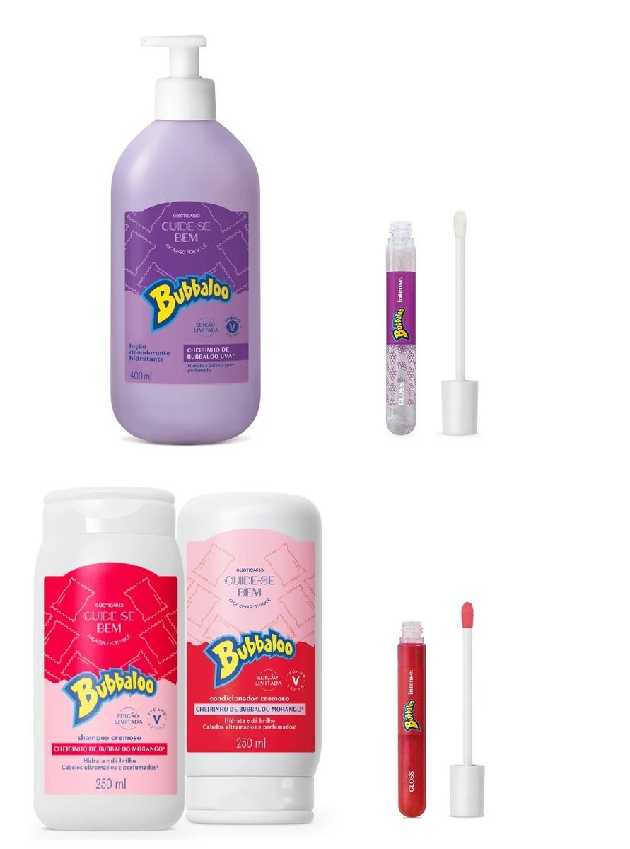 Kit Bubbaloo O Boticário Hidratante 400ml Uva + Gloss Uva + Shampoo e ...