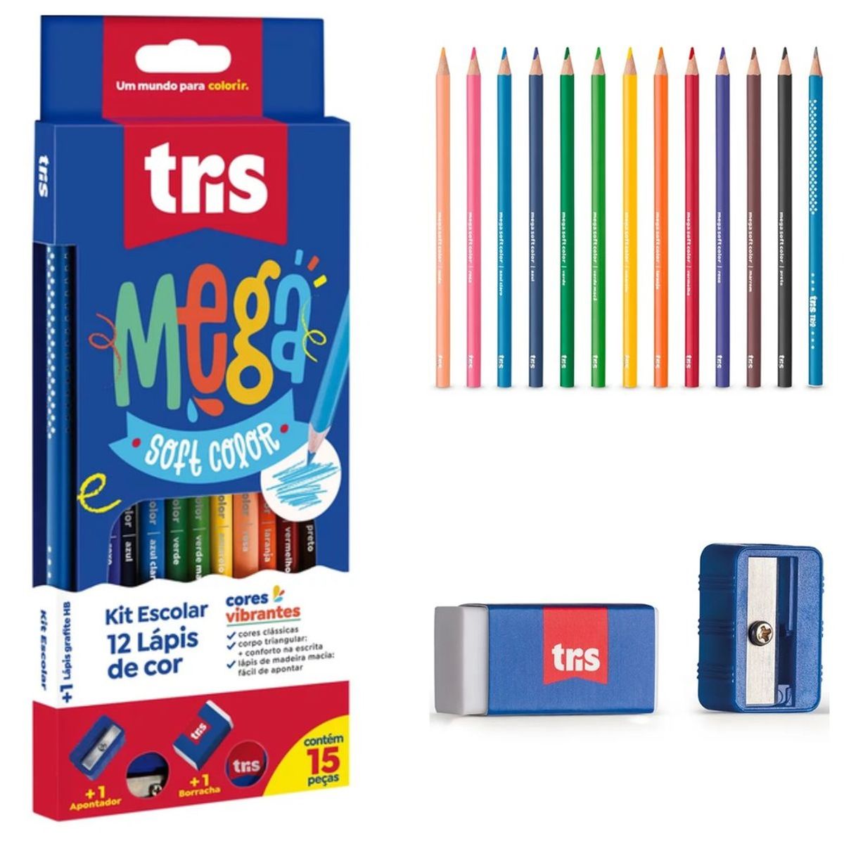 Lapis de Cor Mega Soft Color Tris 12 Cores 1 Lápis Preto 1 Apontador 1 ...