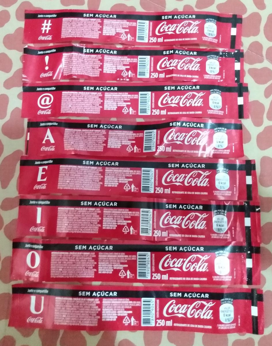 Lote 8 Rótulos Coca Cola Zero Vogais e Símbolos 250ml Ler Descrição ...