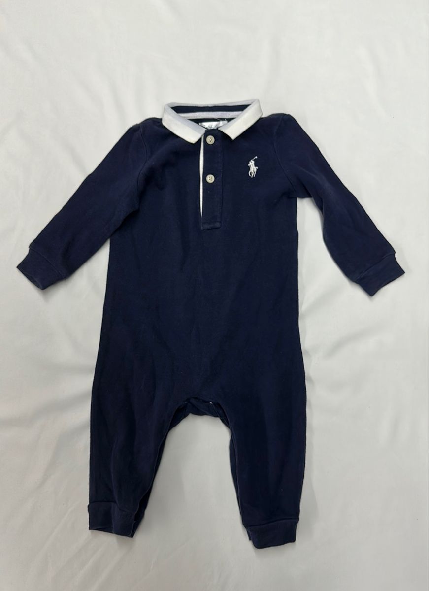 Macacão Polo Baby Ralph Lauren Azul Marinho Gola Azul Clara e Branco ...