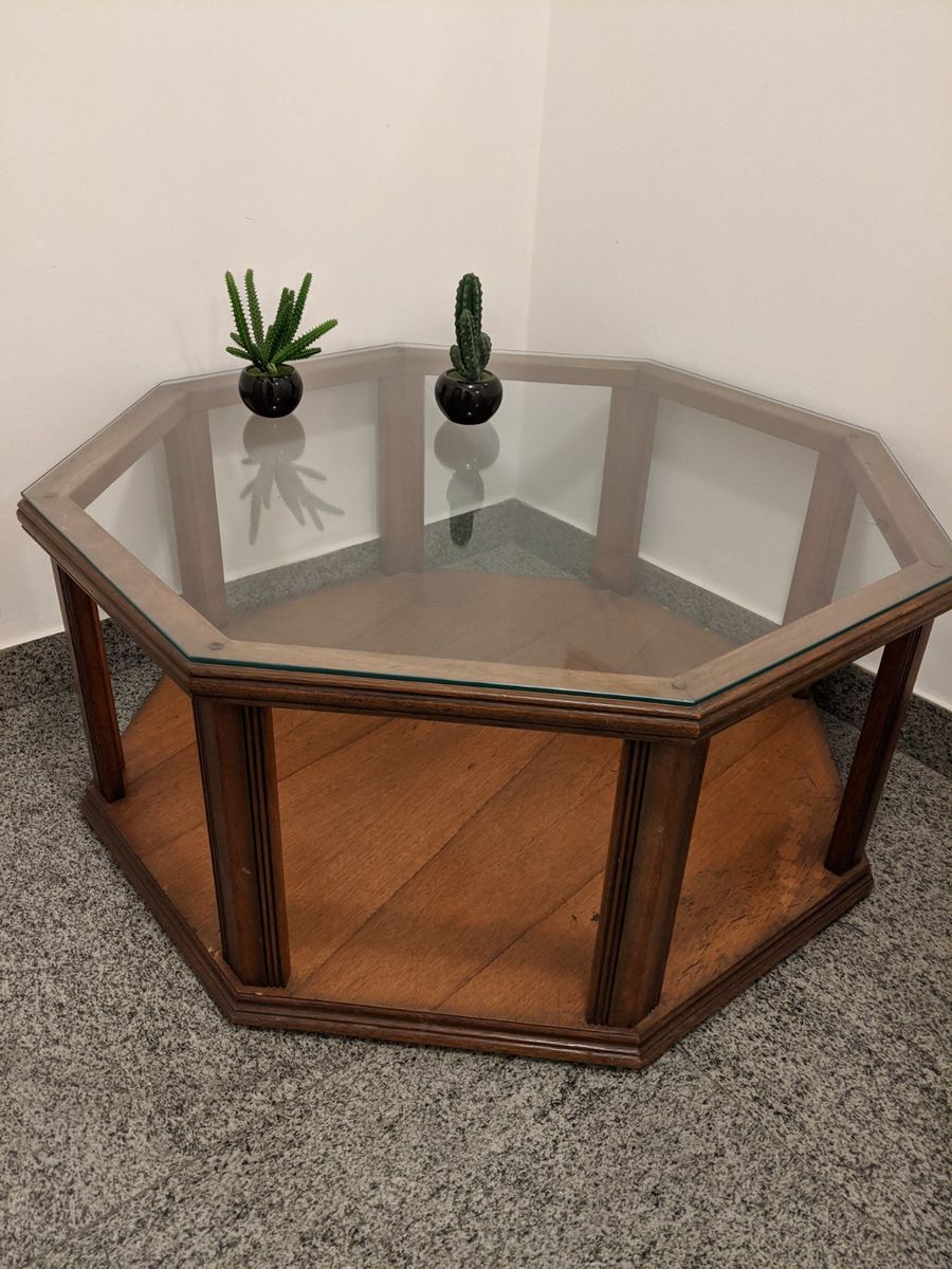 Mesa de Centro Octagonal Madeira com Tampo de Vidro | Mesa Usado ...