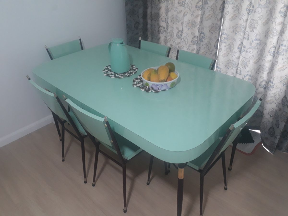 Mesa de Fórmica Verde Água Extensível com Seis Cadeiras Anos 70/80 ...