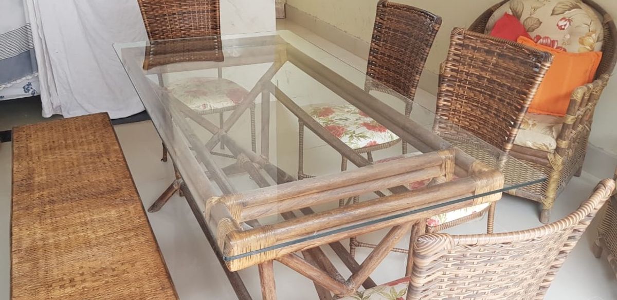 Mesa de Jantar de Cipó e Vidro. Linda! | Mesa Usado 38911966 | enjoei