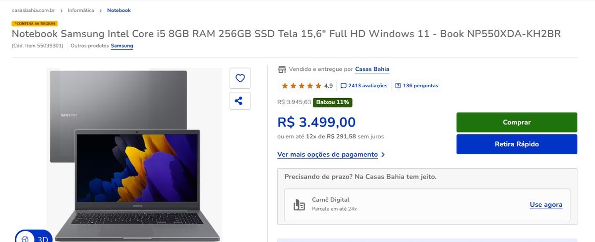 Notebook Samsung Intel Core I5 8gb Ram 256gb Ssd Tela 15,6" Full Hd ...