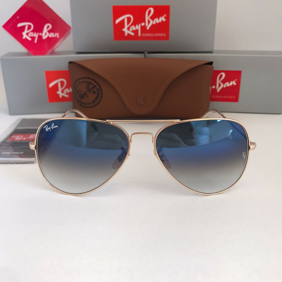 Óculos de Sol Ray Ban Aviador Azul Degradê Lentes de Cristal | Óculos ...