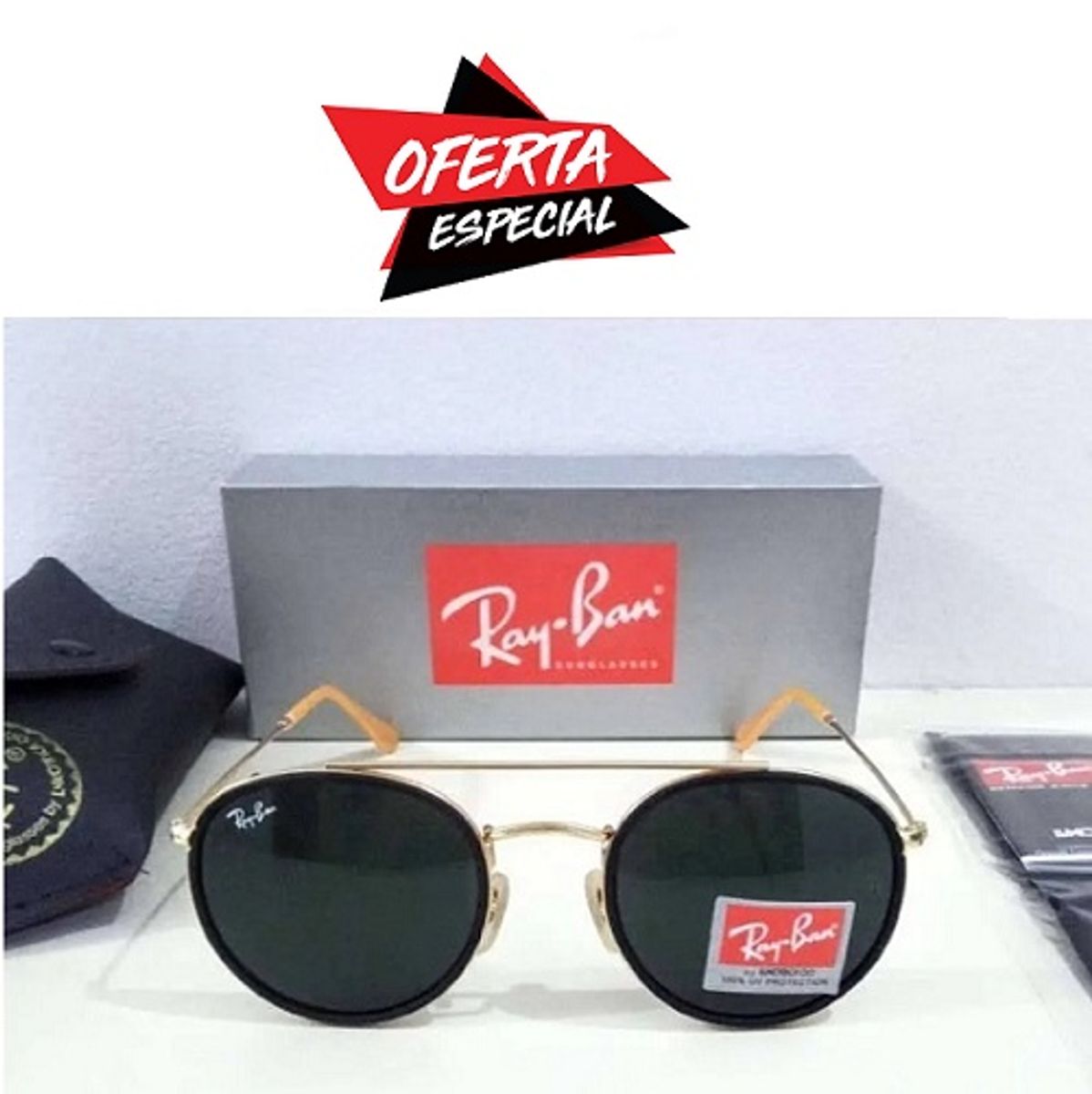 Óculos de Sol Ray Ban Double Bridge Lente Preta com Armação Dourada ...