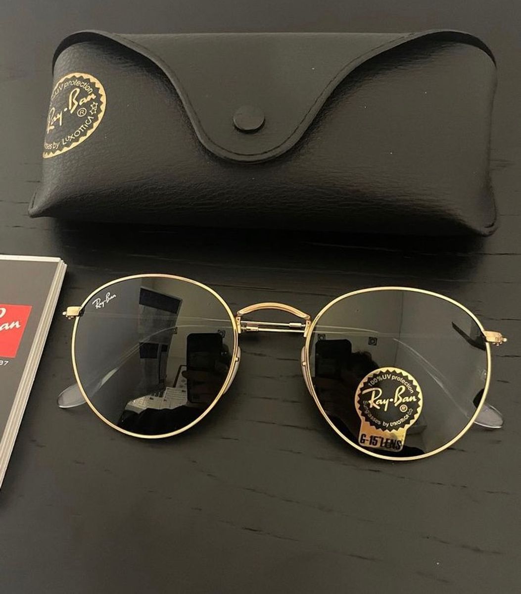 Óculos de Sol Ray Ban Round Lente Preta Metal Dourado Redondo Feminino ...