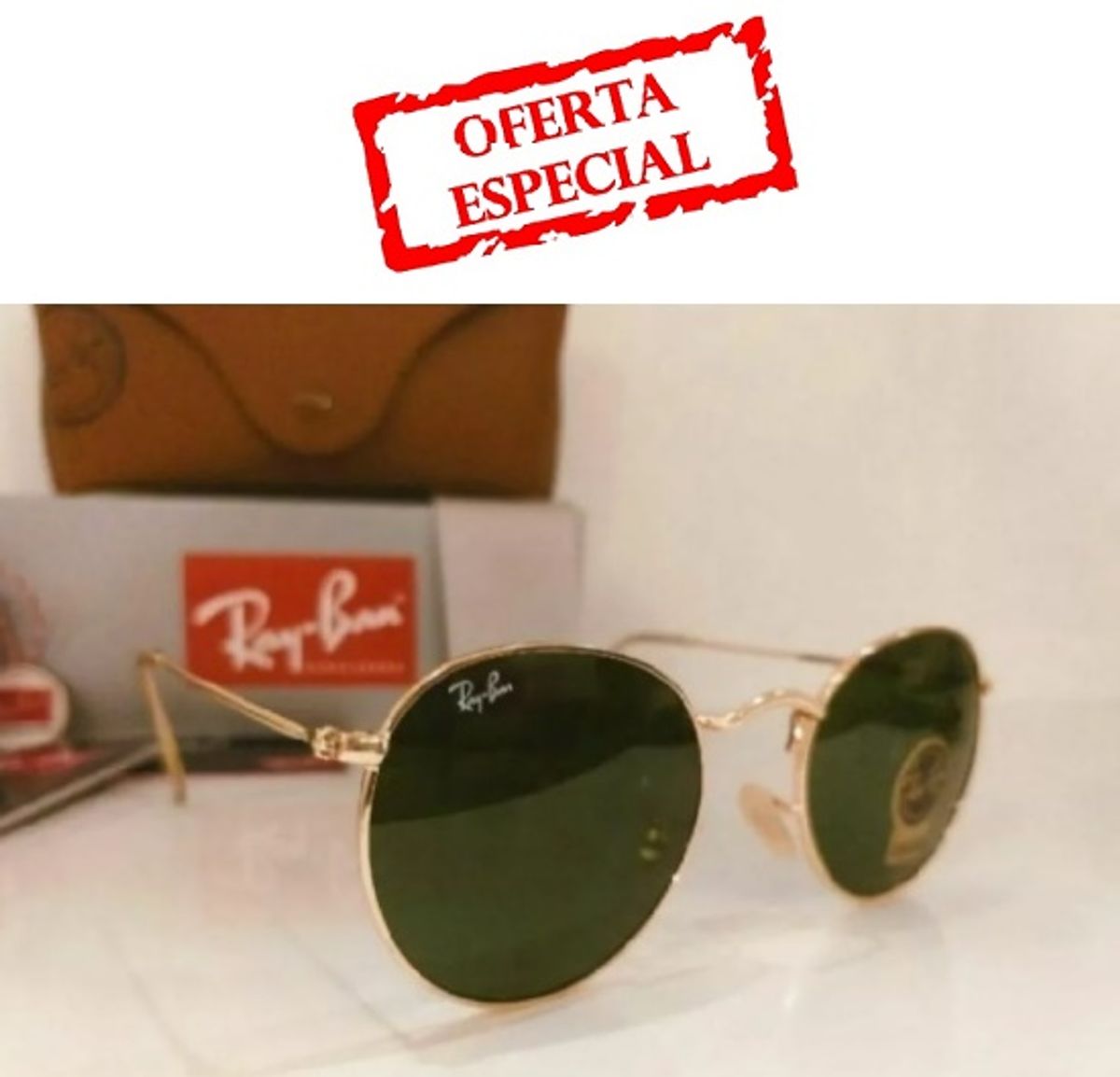 Óculos de Sol Ray Ban Round Redondo Dourado com Lente Verde | Óculos ...