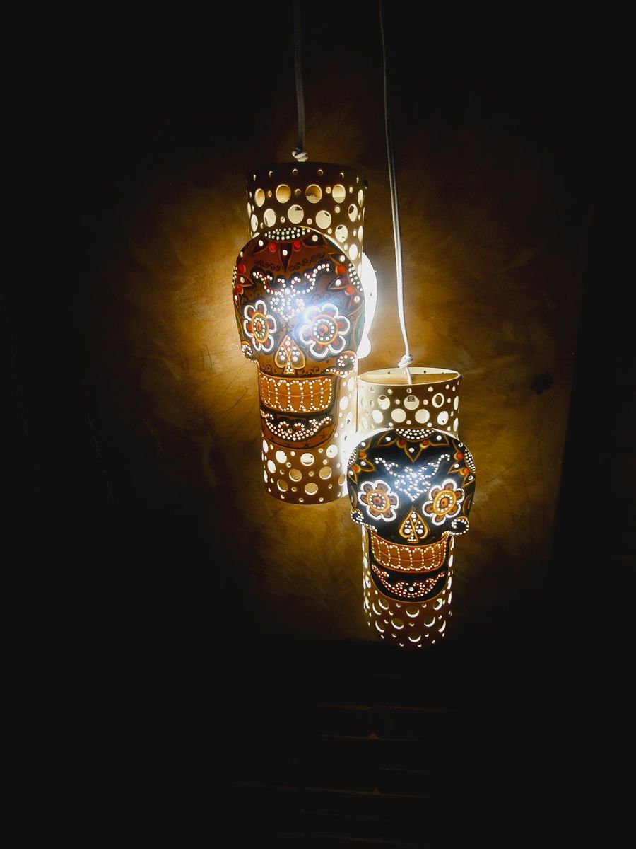 Pendente de Teto Duplo Caveira Mexicana | Móvel p/ Iluminação Artesanal ...