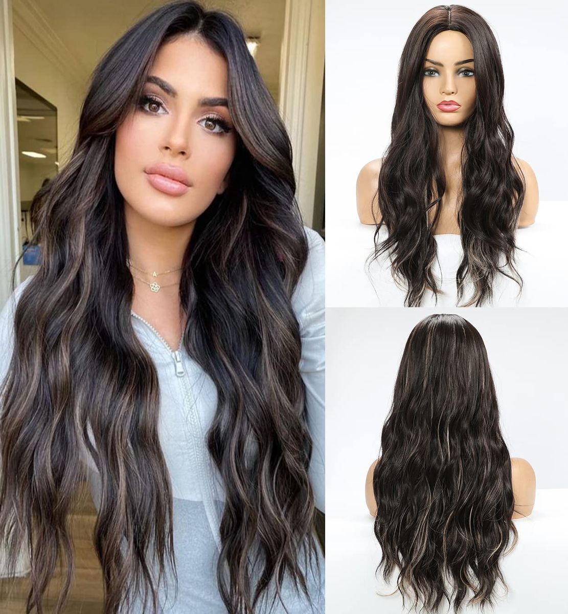 Peruca Castanho Escuro Ondas 300g Rede Interna Fibra Importada ...