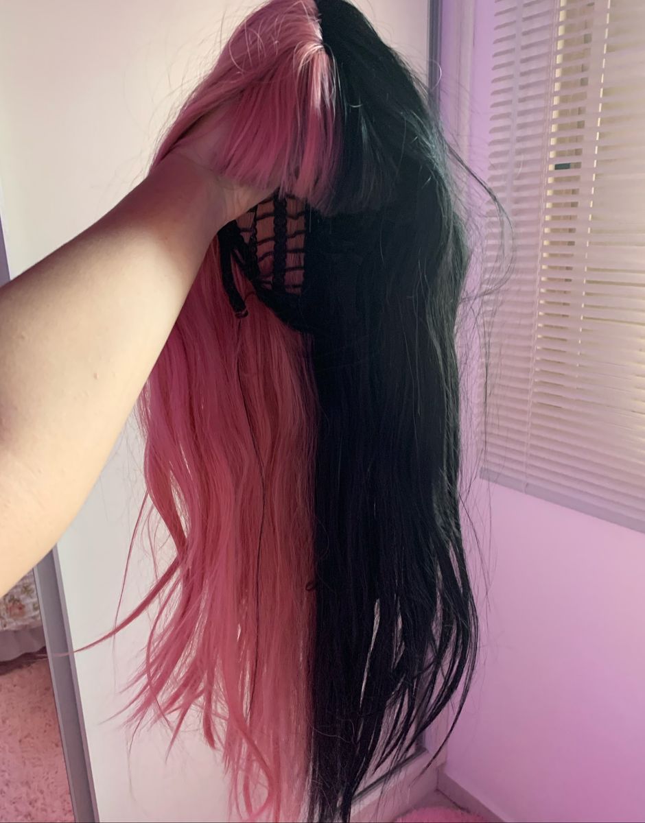 Peruca Metade Rosa Metade Preta Longa com Franja | Produto p/ Cabelos ...