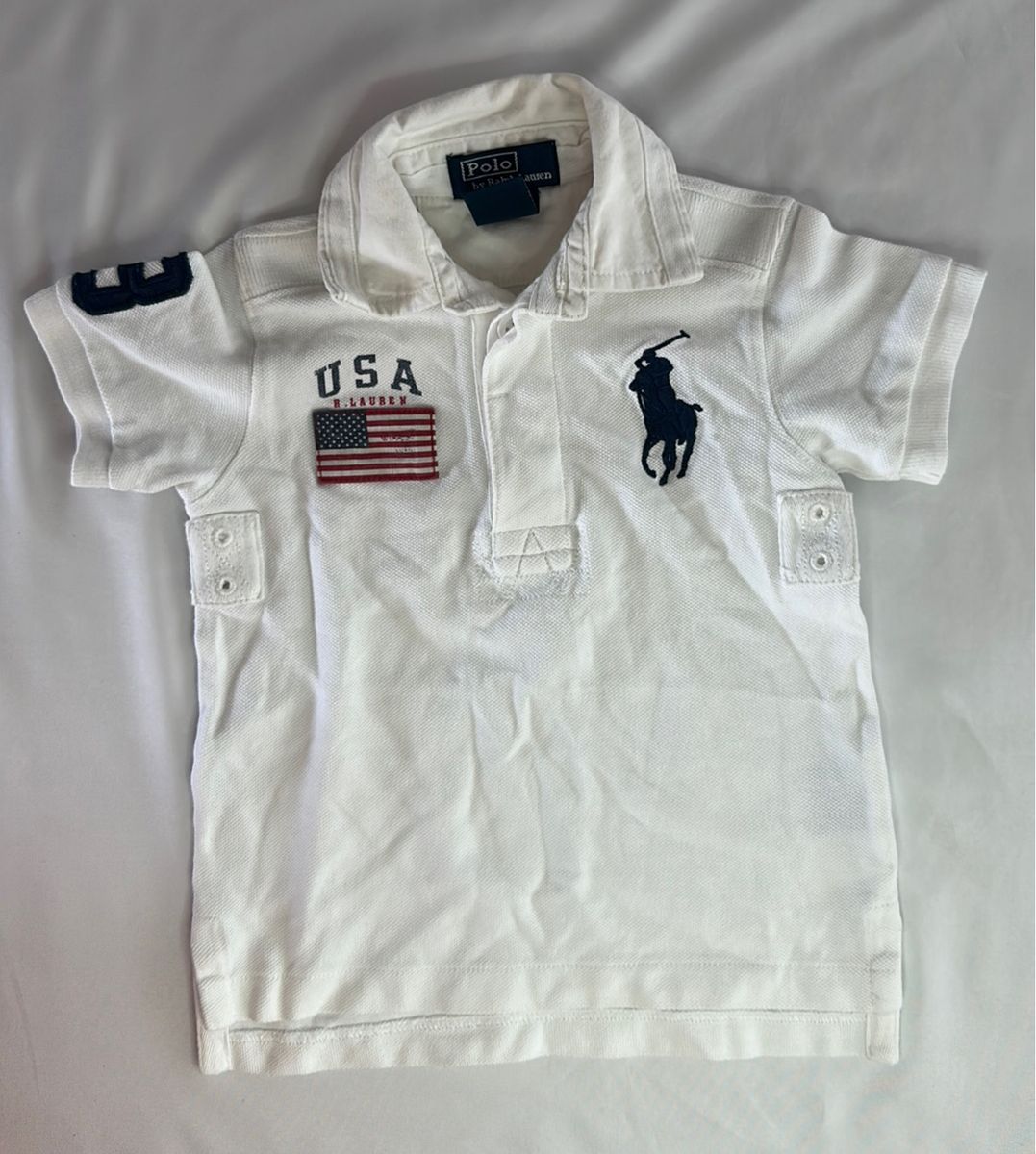 Polo Baby Ralph Lauren Branca Logo Grande Azul Marinho Bandeira ...