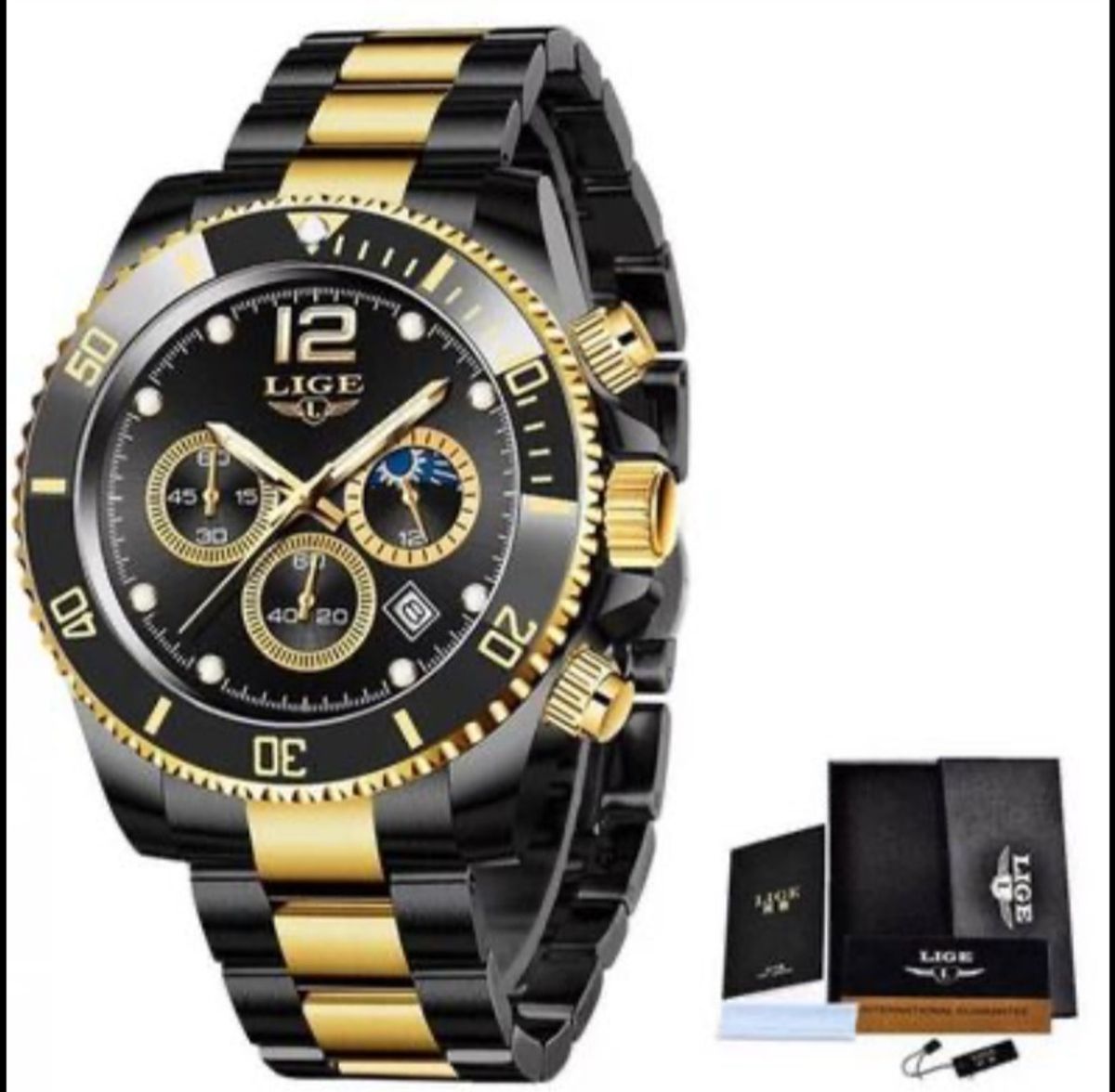 Relógio Lige com Cronógrafo Fases da Lua Aço Inoxidável Prova de Água ...