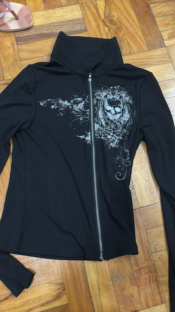 Romwe Casaco Grunge Rock Emo Y2k Preto Caveira com Zíper | Casaco ...