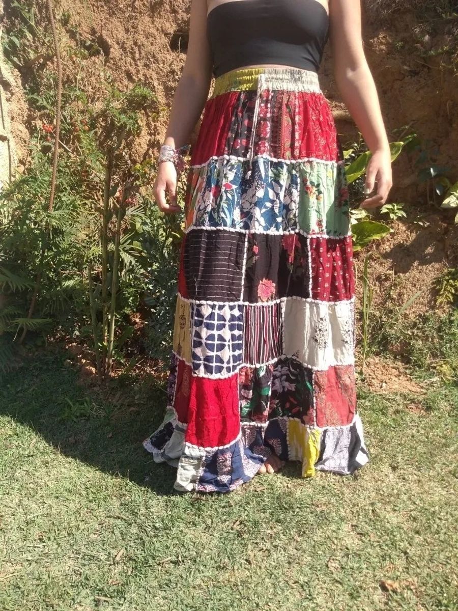 Saia Indiana de Retalhos Patchwork Boho Hippie Artesanal | Saia ...
