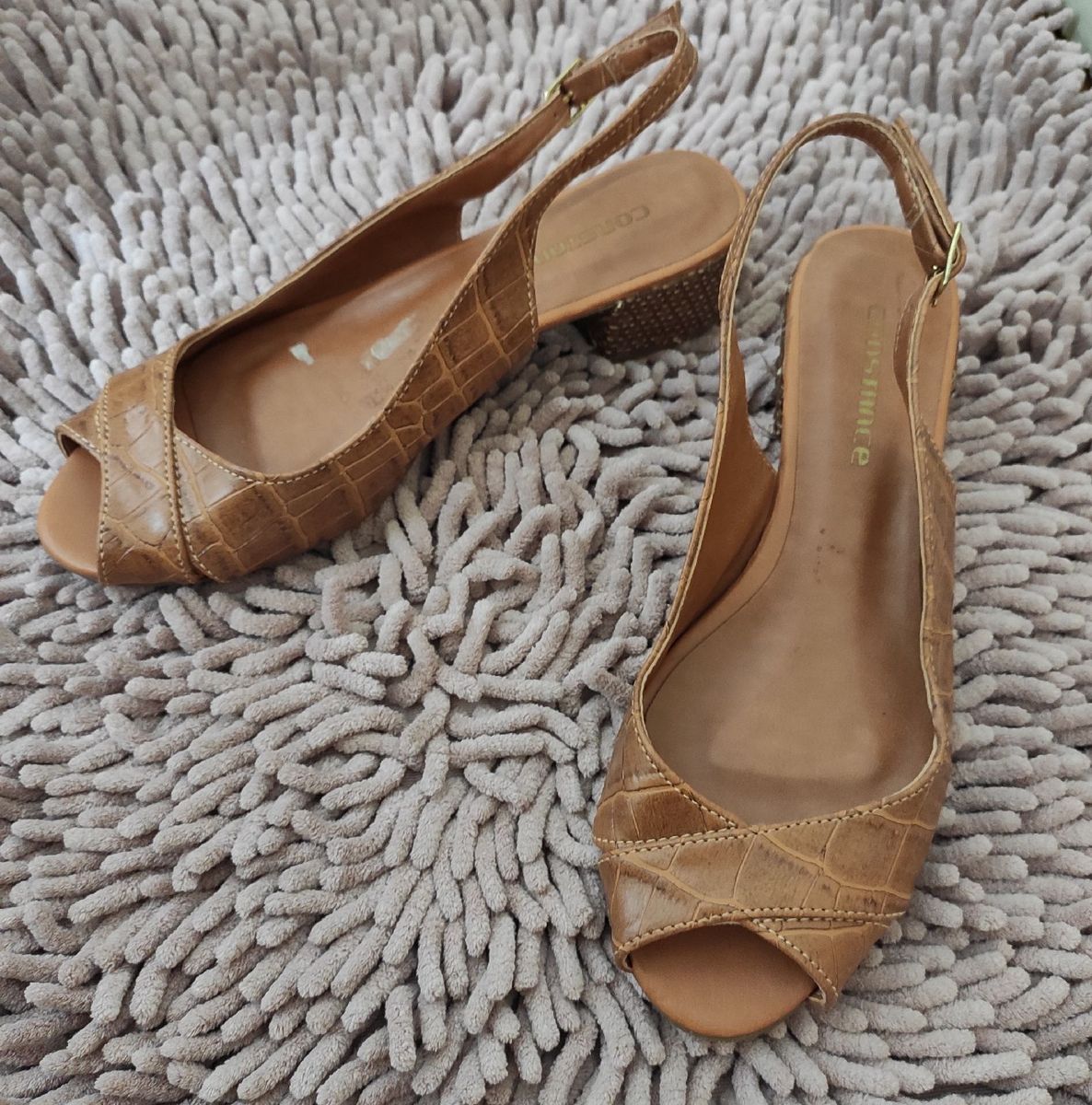 Sapato Constance Couro Peep Toe Caramelo Salto Bloco Tam 33 | Sapato ...