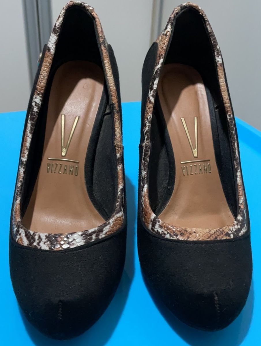 Sapato Preto Nobuk Vizzano Salto Animal Print Cobra | Sapato Feminino ...