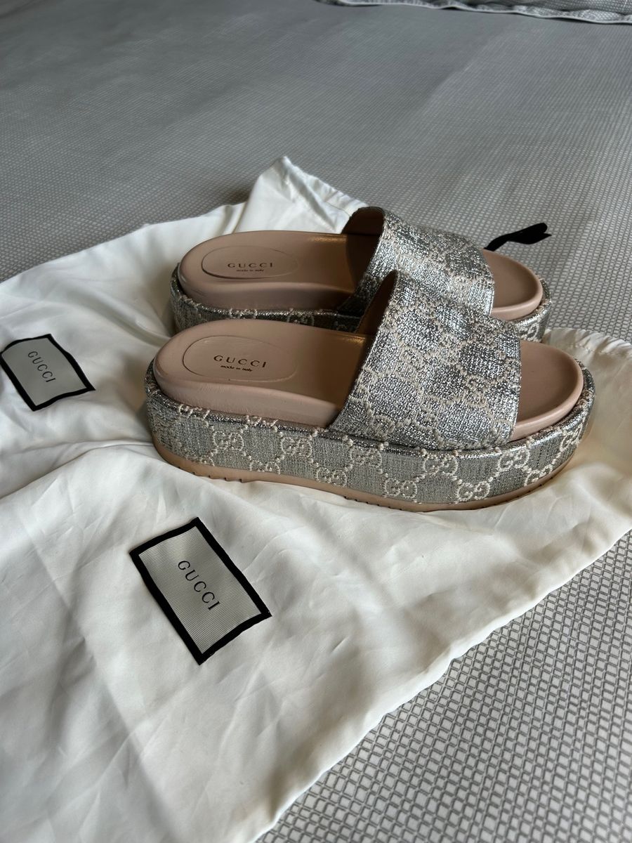 Slide Gucci Plataforma Tamanco Chinelo Alto Metalizado | Sandália ...