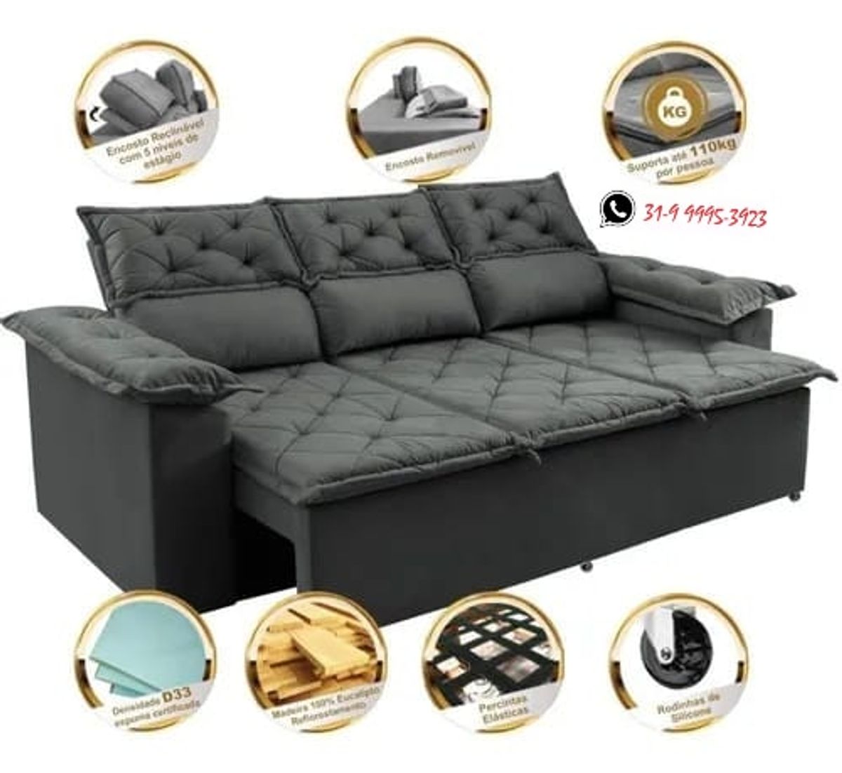 Sofá 3 Lugares Retrátil e Reclinável Cama Inbox Compact | Poltrona ...