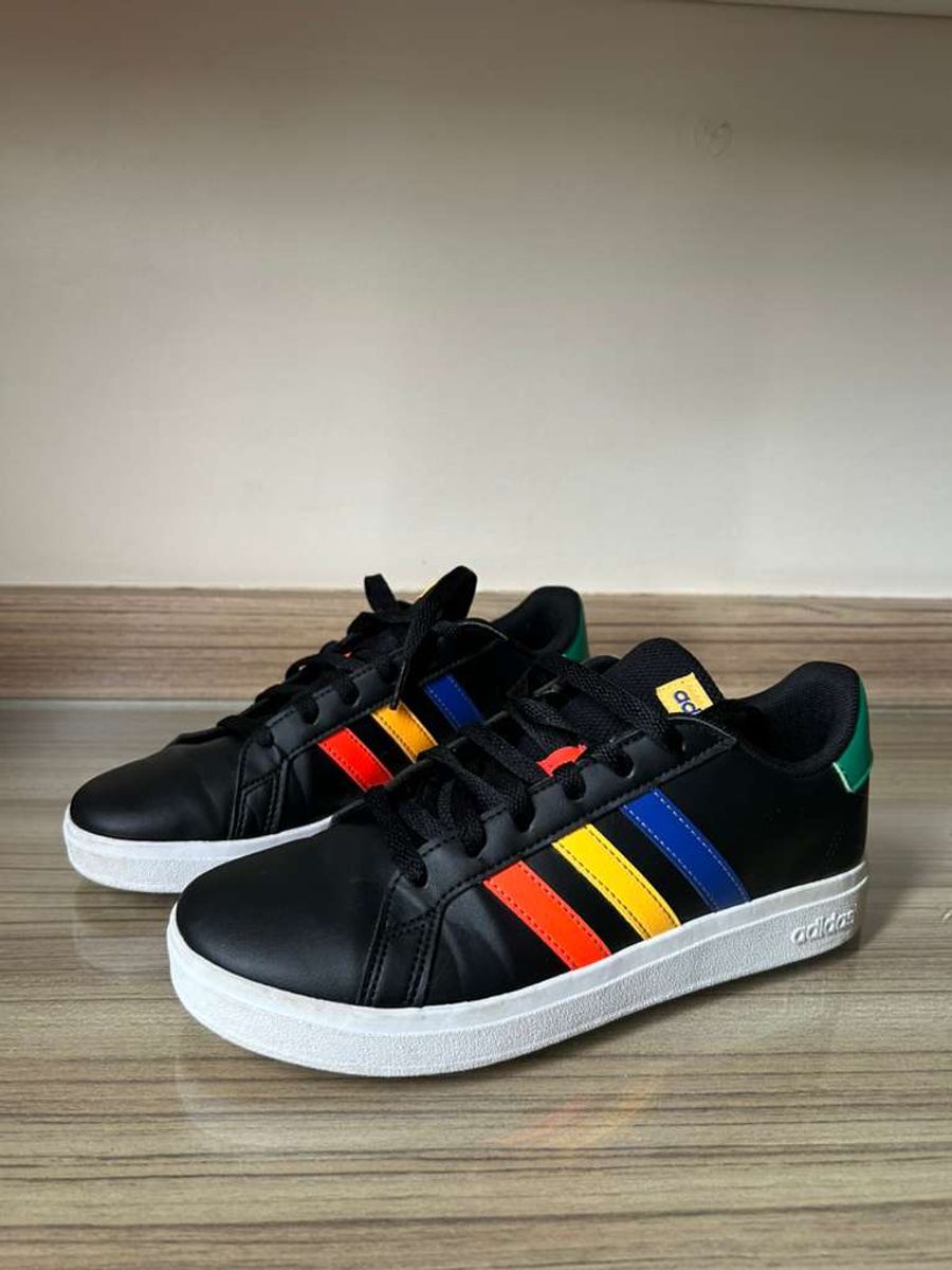 Tênis Grand Court Adidas Novo Preto e Colorido | Calçado Infantil para ...