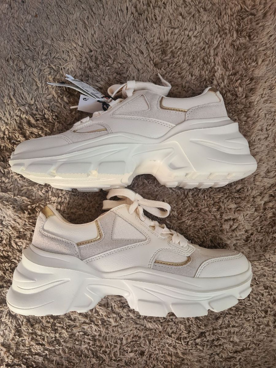 Tênis Chuncky Daddy Sneaker Zara Cor Branco Crú em Couro Legítimo com ...
