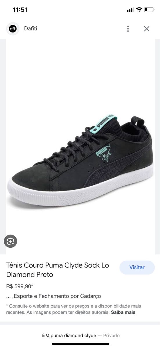 Tênis Puma Diamond Clyde Sock Lo Preto Original 36 | Tênis Feminino ...