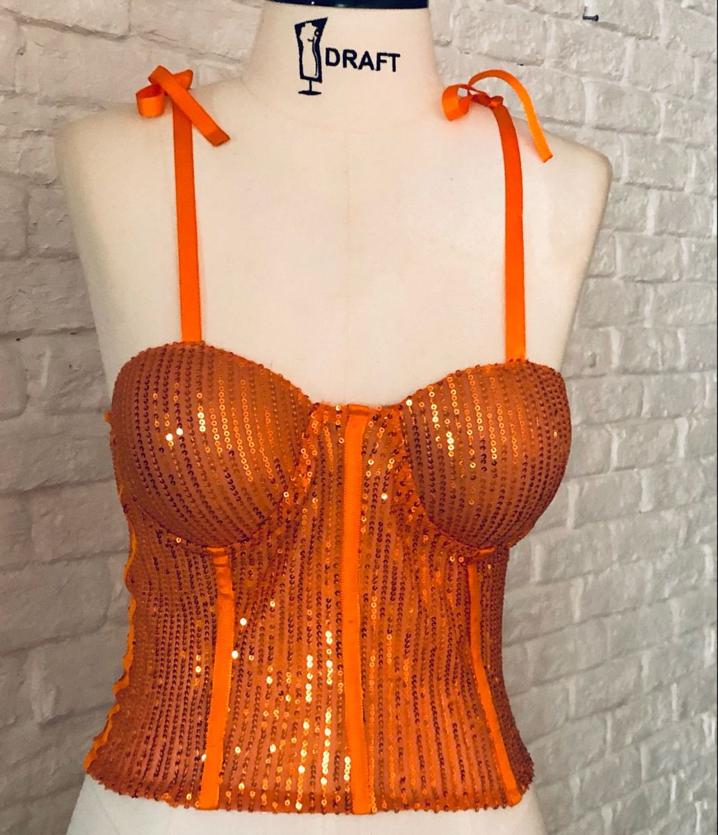Top Corset Laranja Brilho Paetê Carnaval | Blusa Feminina Grafitum ...